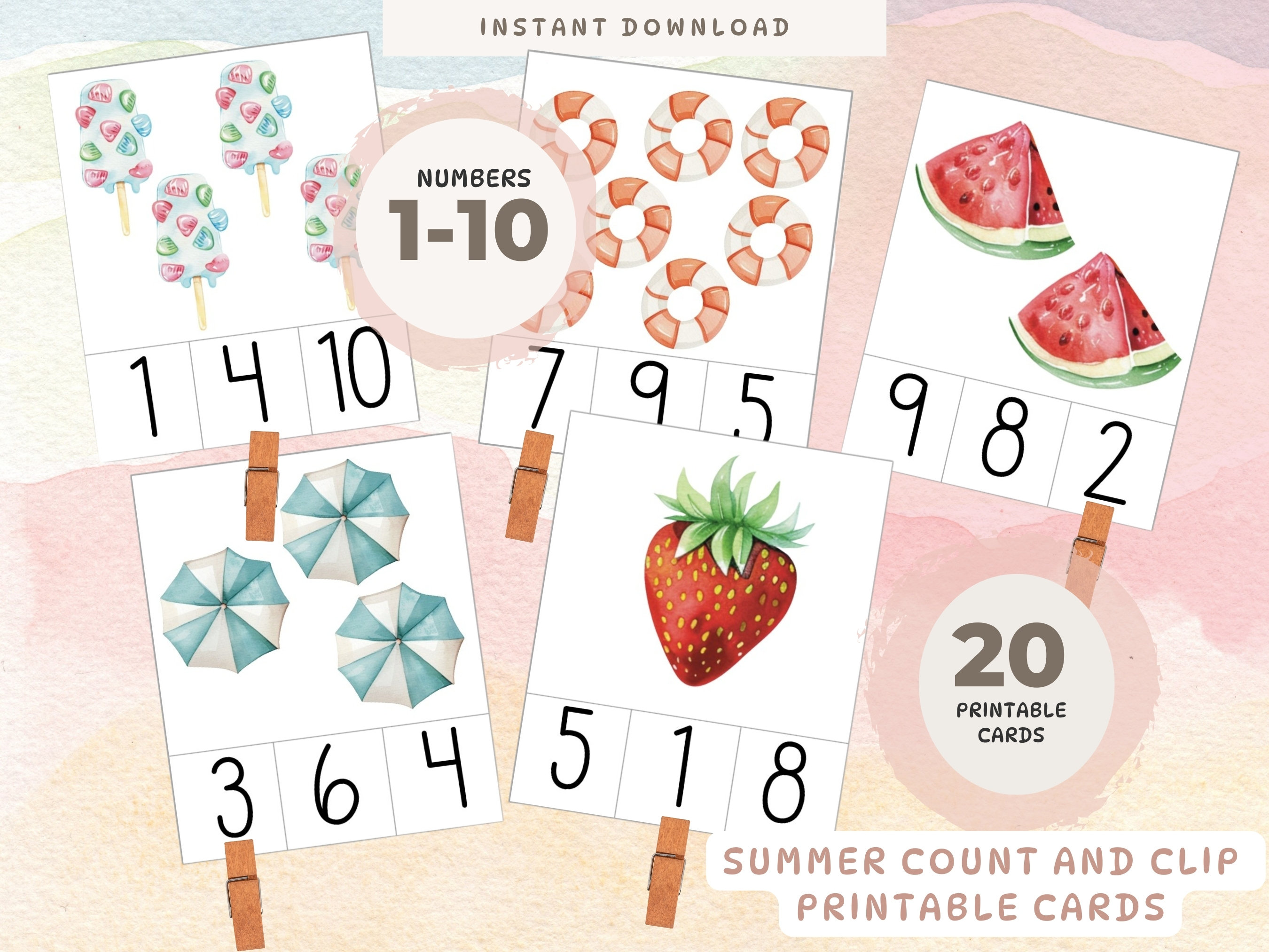 SUMMER Count and Clip Cards Number 1-10, Printable Activity Number ...