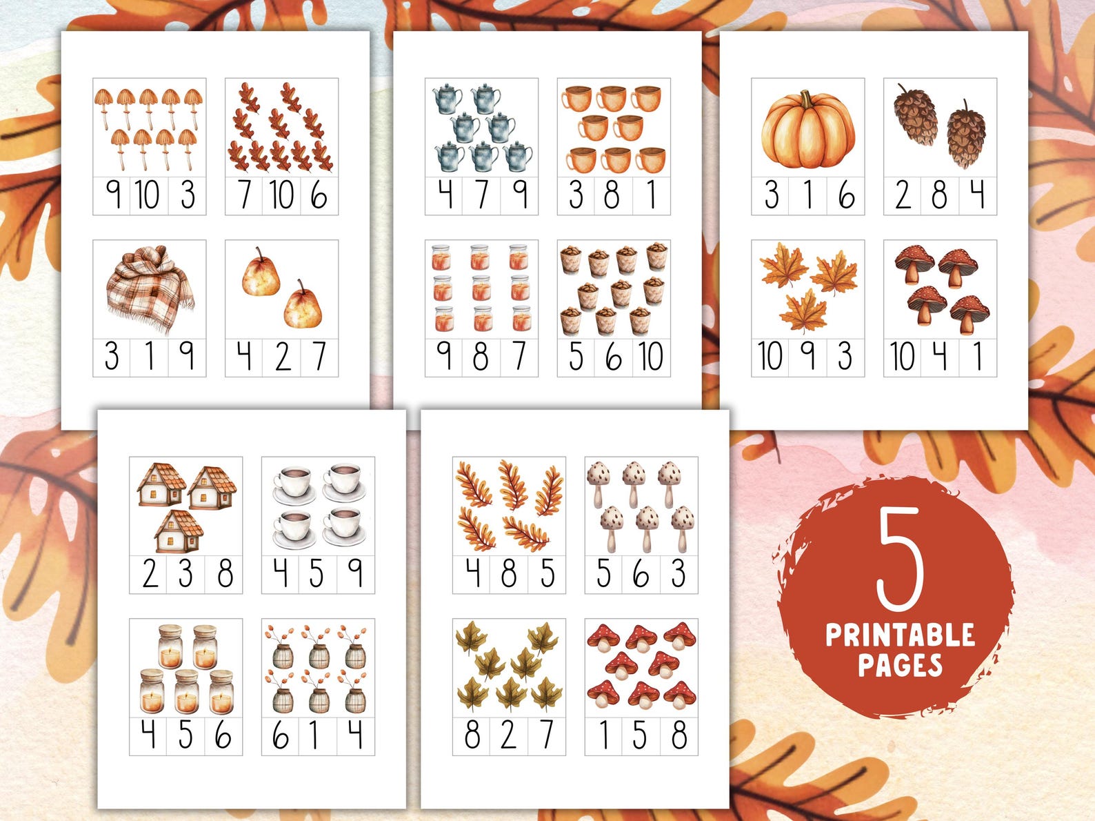 FALL Count and Clip Cards Number 1-10, Autumn Printable Activity Number ...