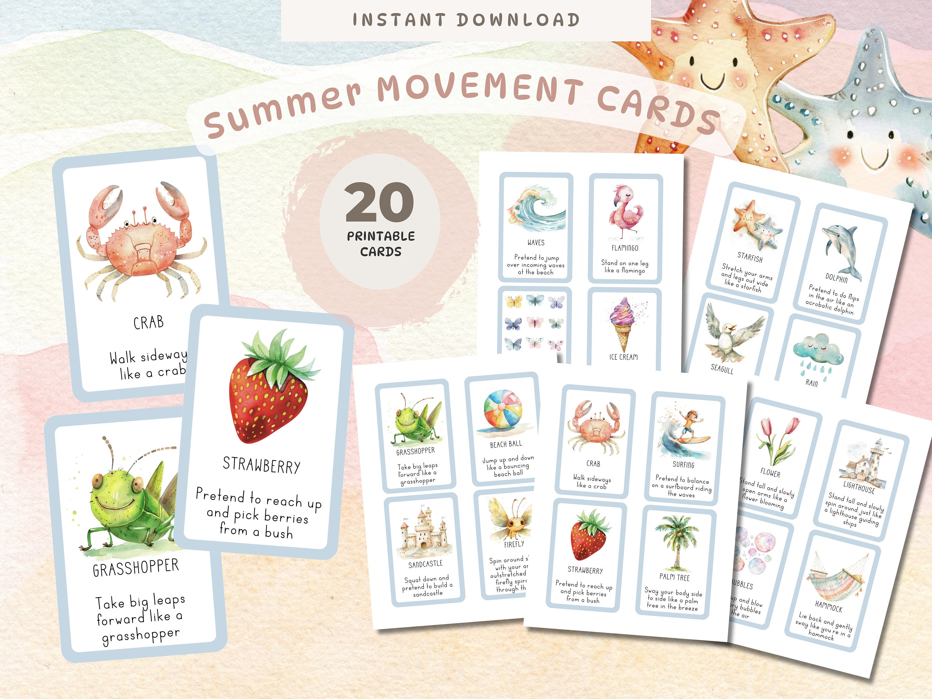 SUMMER Movement Cards, Summer Flash Cards, Calming Corner Activity ...