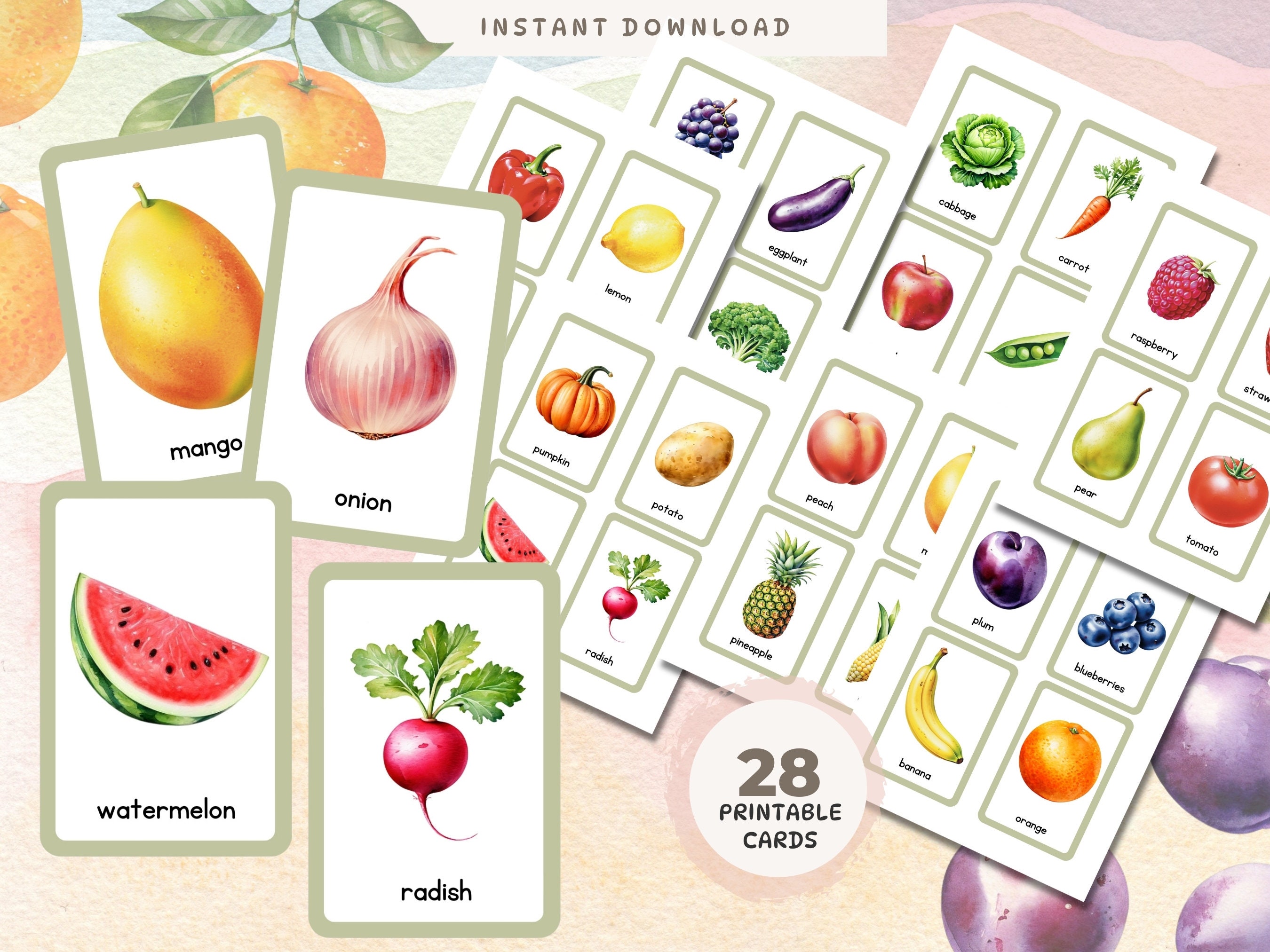 Fruits and Vegetables Cards Montessori Flashcards, Educational ...