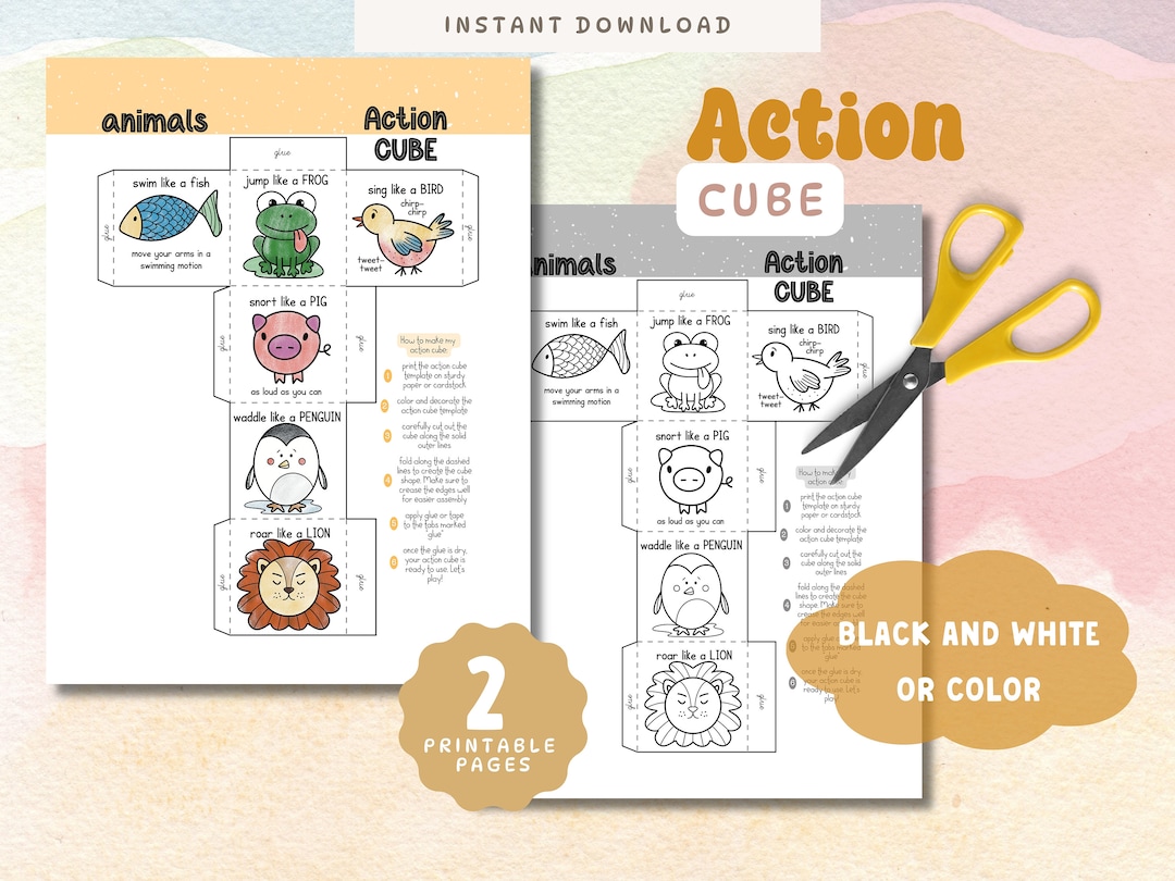 Action Cube, Animals Movement Printable Activity, Excercise Coloring ...
