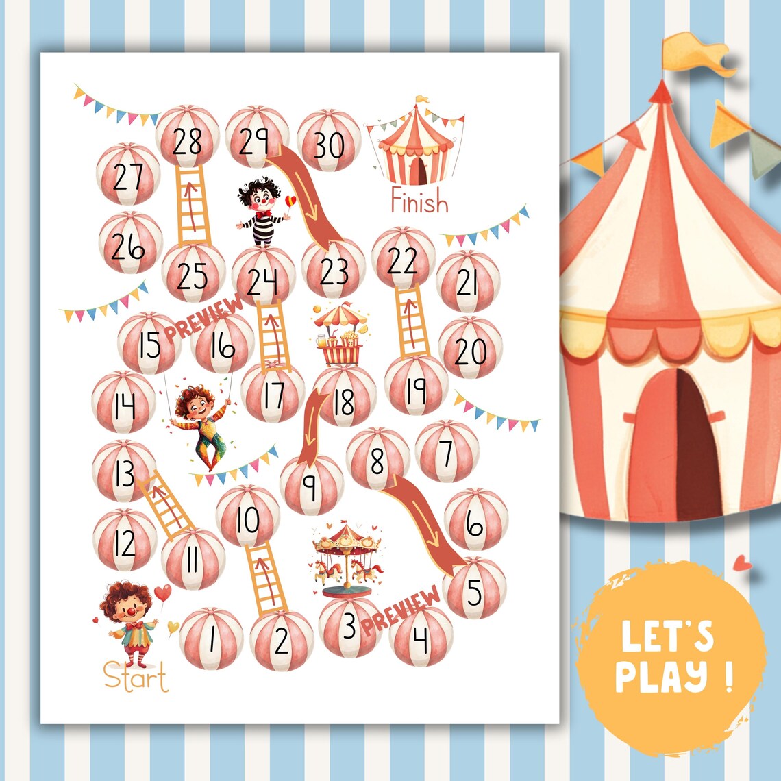 Circus Board Game | Ribbons and Ladders | Simple Printable Family Game ...