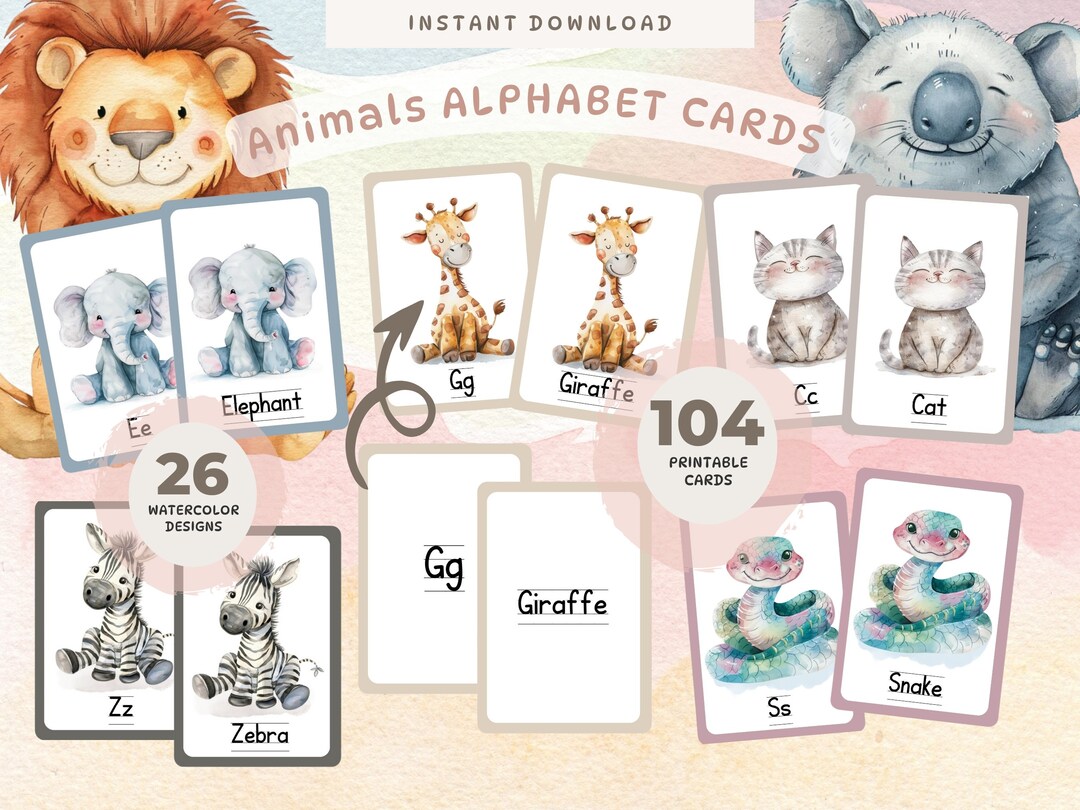 Watercolor Animals Alphabet Cards, Printable ABC Flash Cards ...
