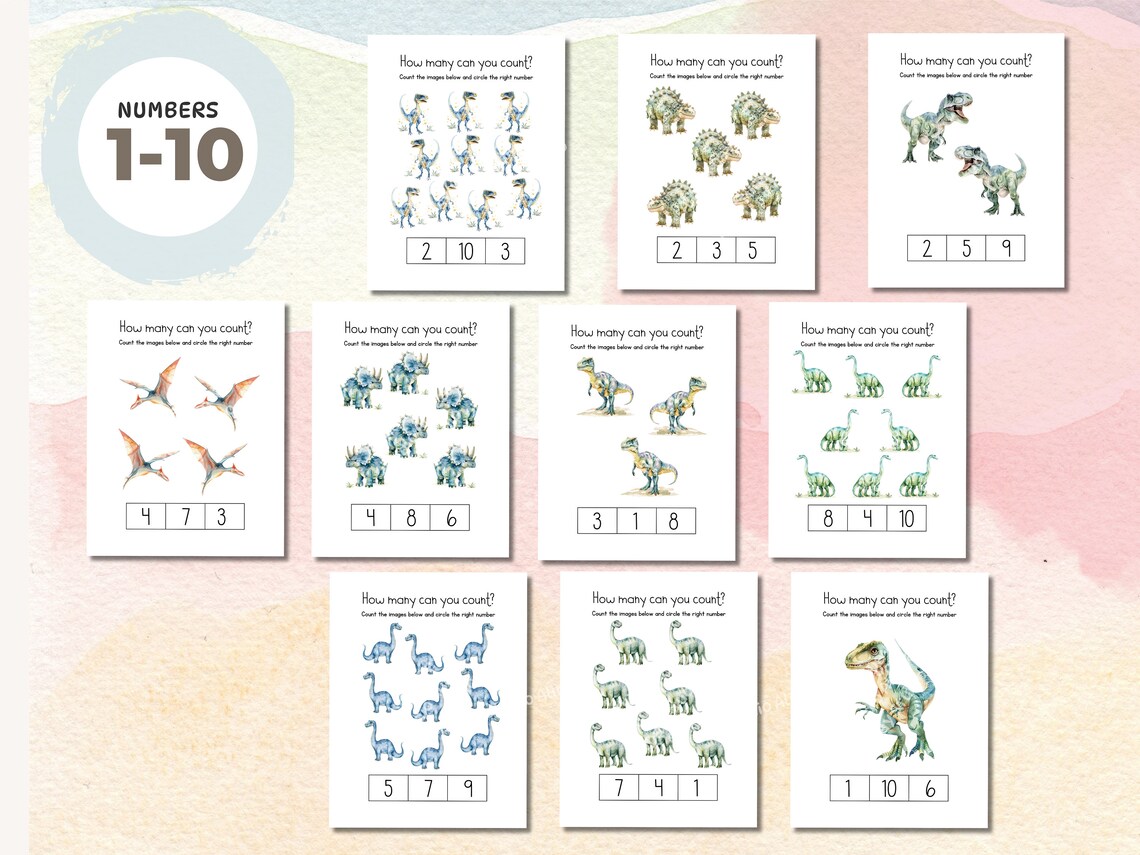 1-10 Dinosaurs Maths Worksheets, Early Counting Printables Numbers 1-10 ...