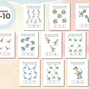 1-10 Dinosaurs Maths Worksheets, Early Counting Printables Numbers 1-10 ...