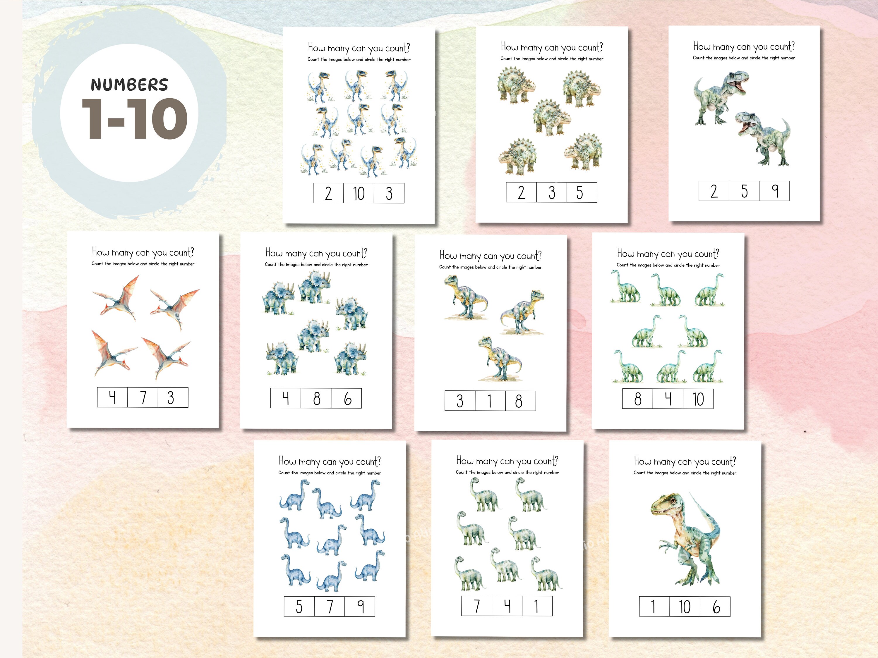 1-10 Dinosaurs Maths Worksheets, Early Counting Printables Numbers 1-10 ...