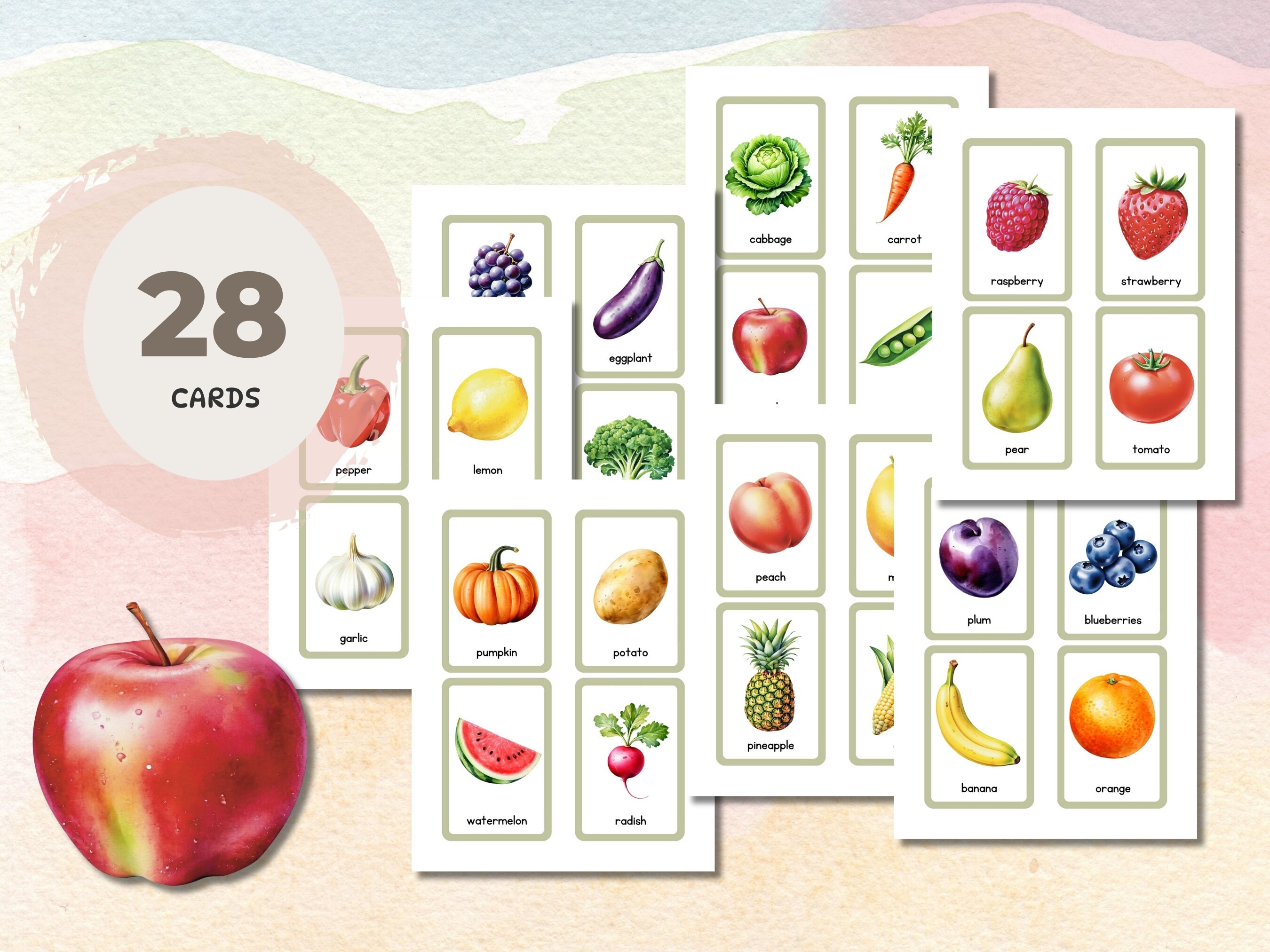 Fruits and Vegetables Cards Montessori Flashcards, Educational ...