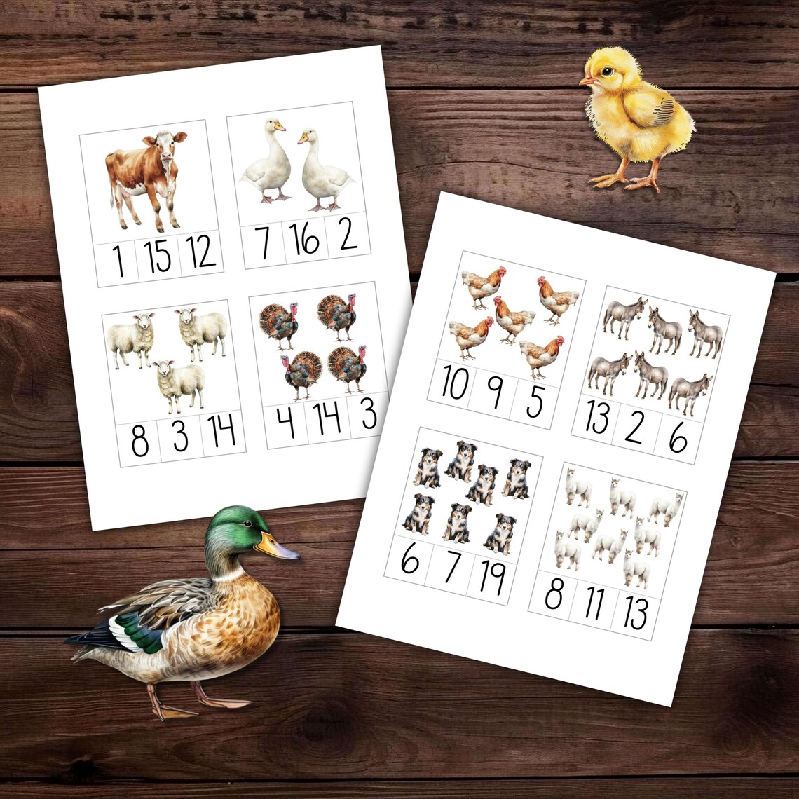 Farm Animals Count and Clip Cards Number 1-20, Printable Activity ...
