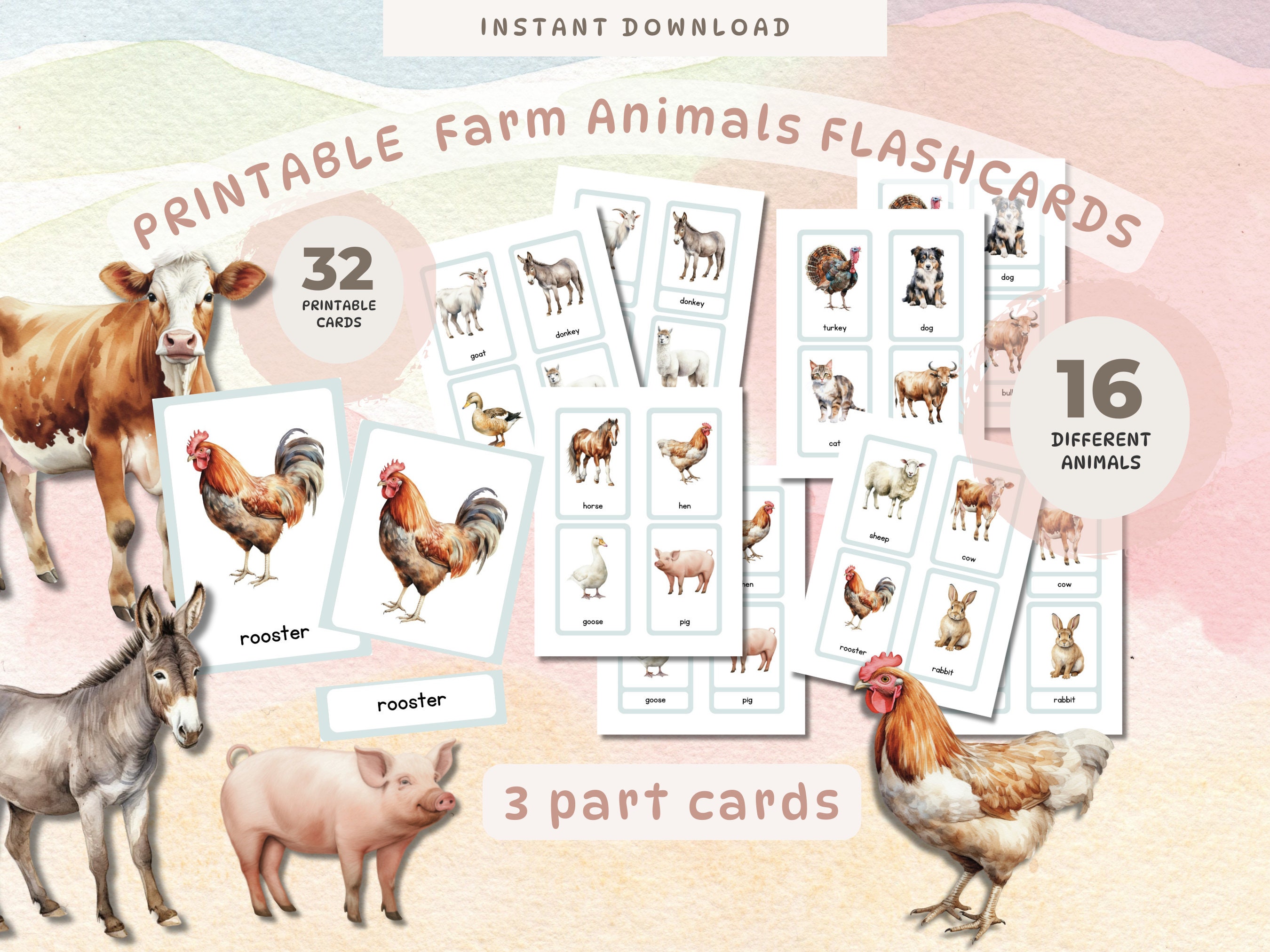 Farm Animal Flashcards 3 Part Montessori Nomenclature Cards, Farm ...