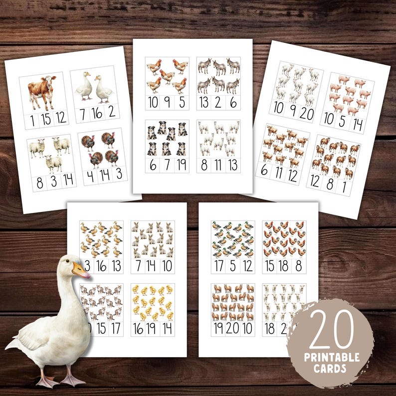 Farm Animals Count and Clip Cards Number 1-20, Printable Activity ...