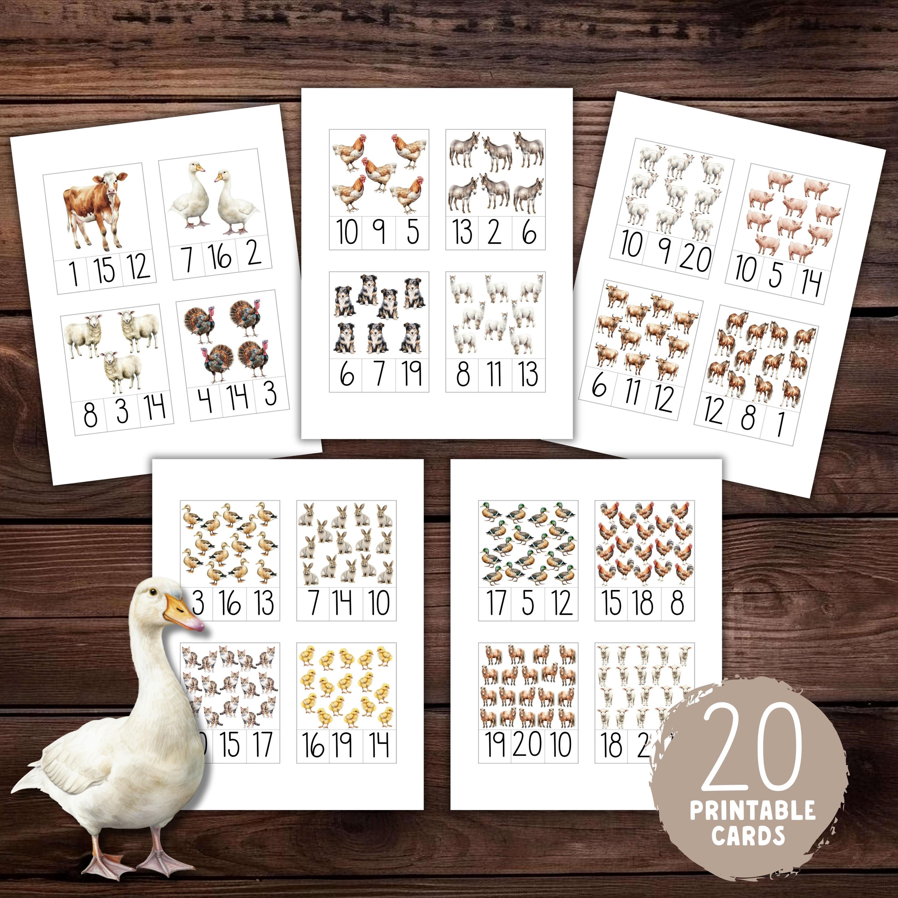 Farm Animals Count and Clip Cards Number 1-20, Printable Activity ...