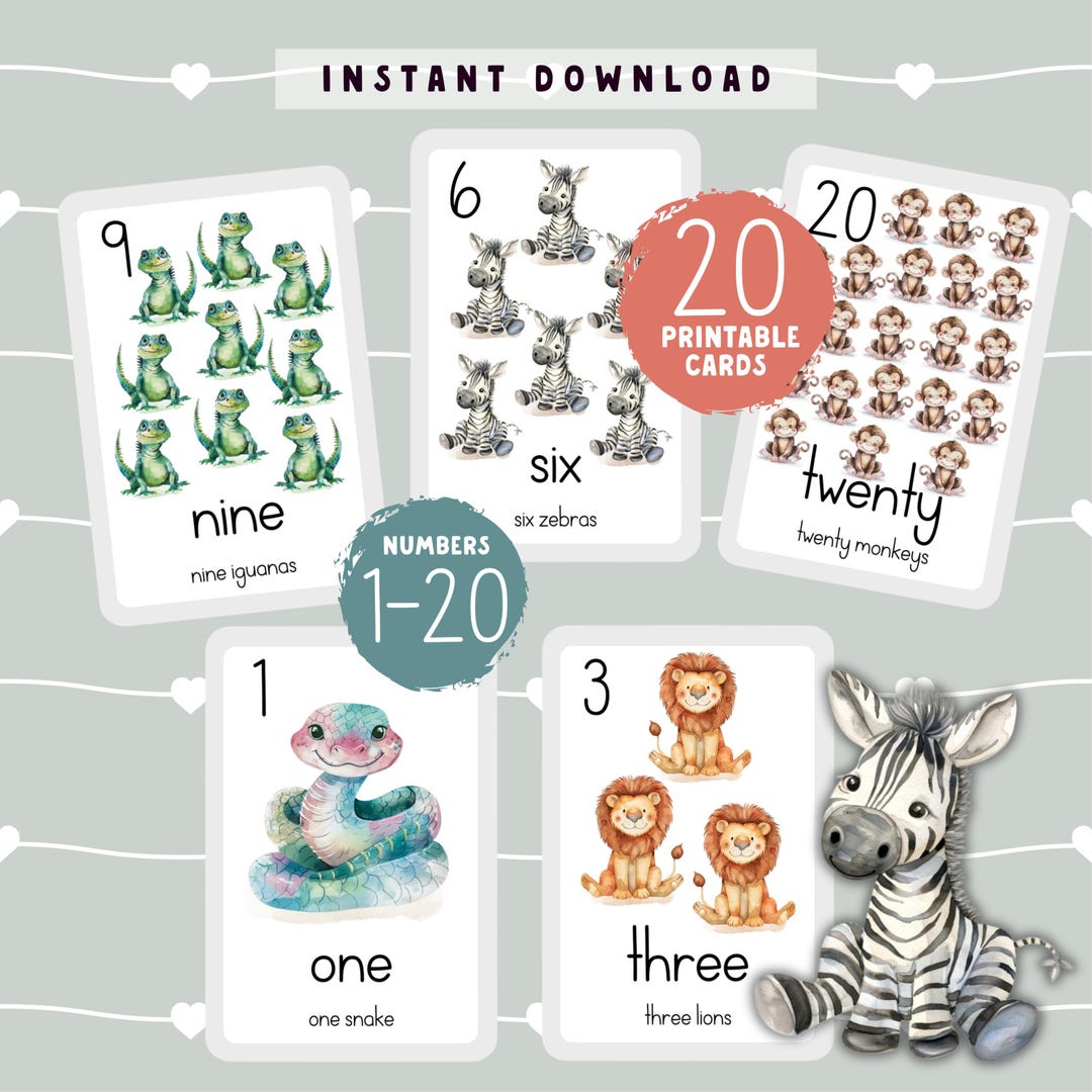 1-20 Animal Number Cards | Printable Counting Flashcards for Preschool ...