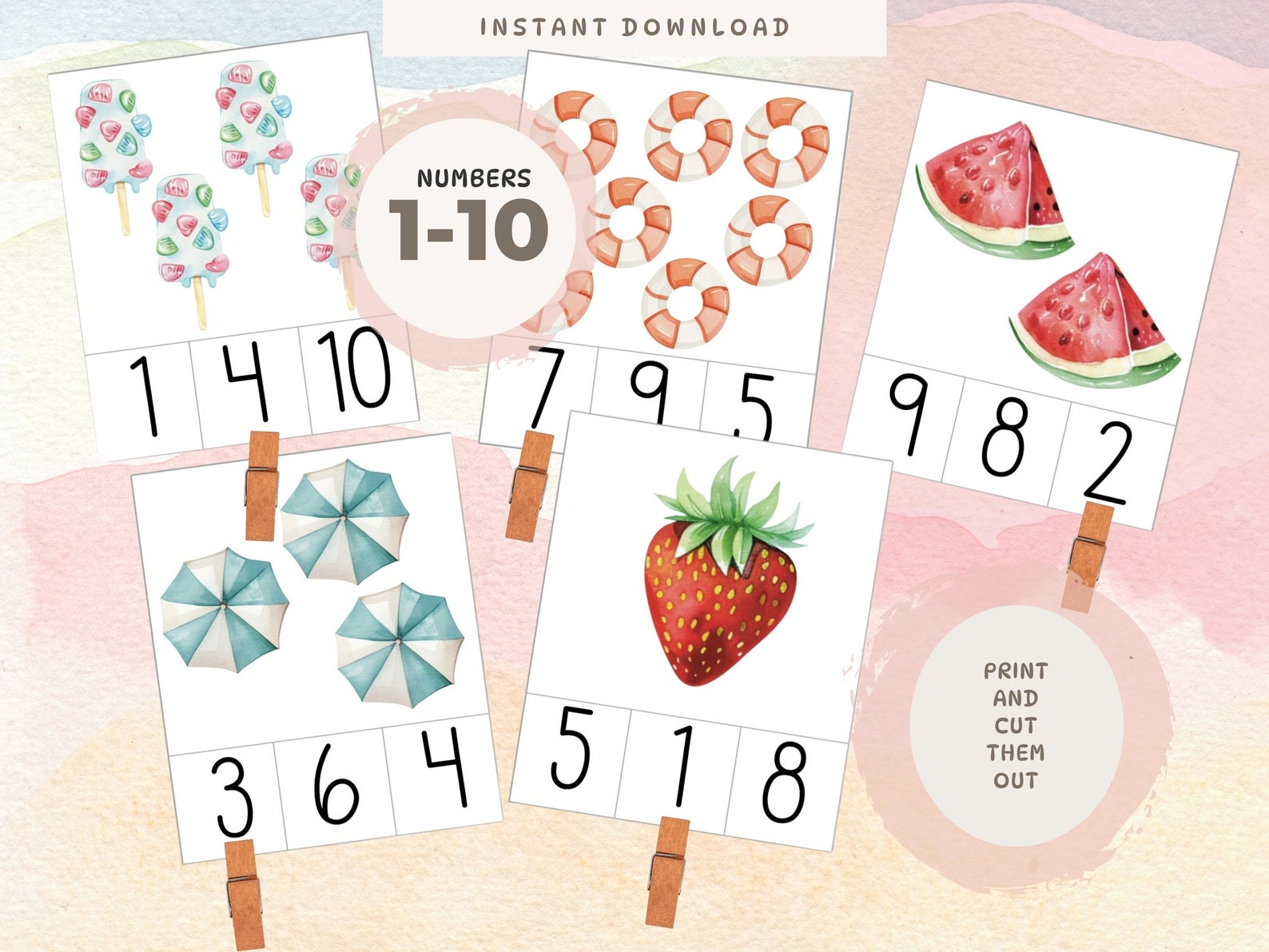 SUMMER Count and Clip Cards Number 1-10, Printable Activity Number ...