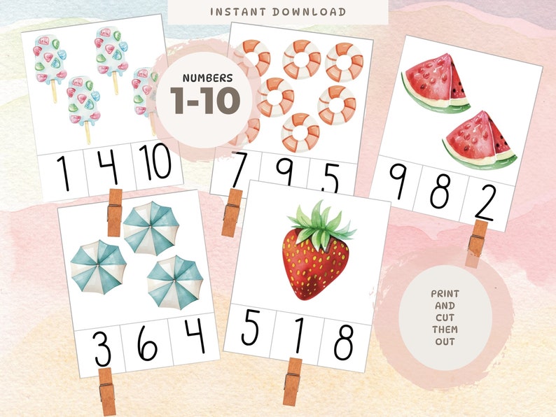 SUMMER Count and Clip Cards Number 1-10, Printable Activity Number ...