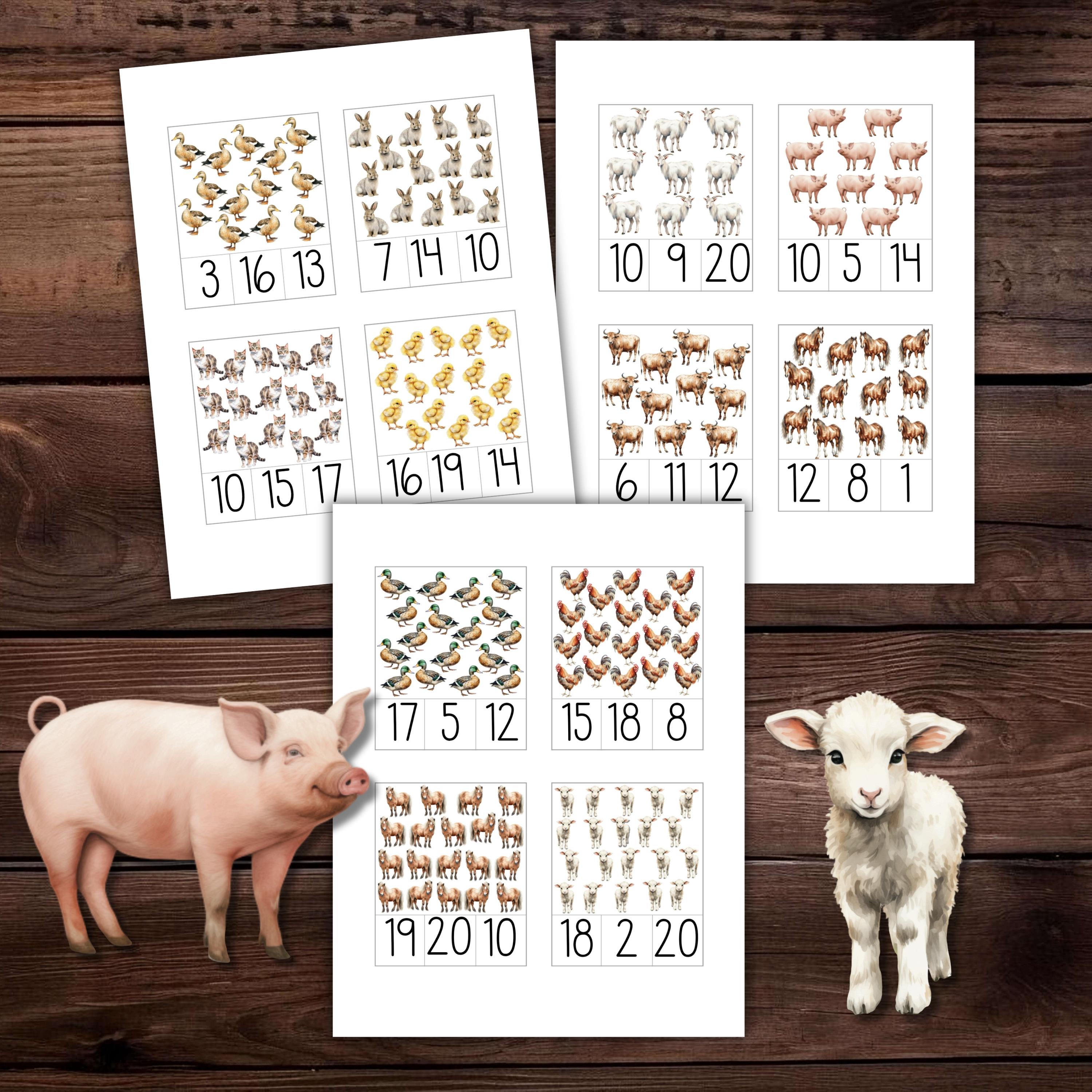 Farm Animals Count and Clip Cards Number 1-20, Printable Activity ...