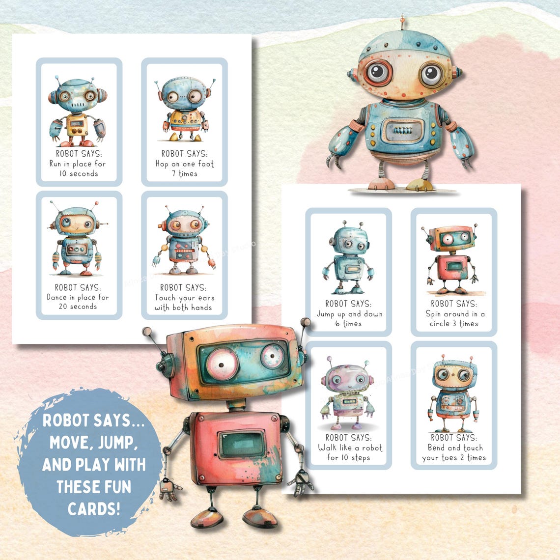 ROBOT SAYS Movement Cards, Simon Says Kids Exercises Flash Cards for ...