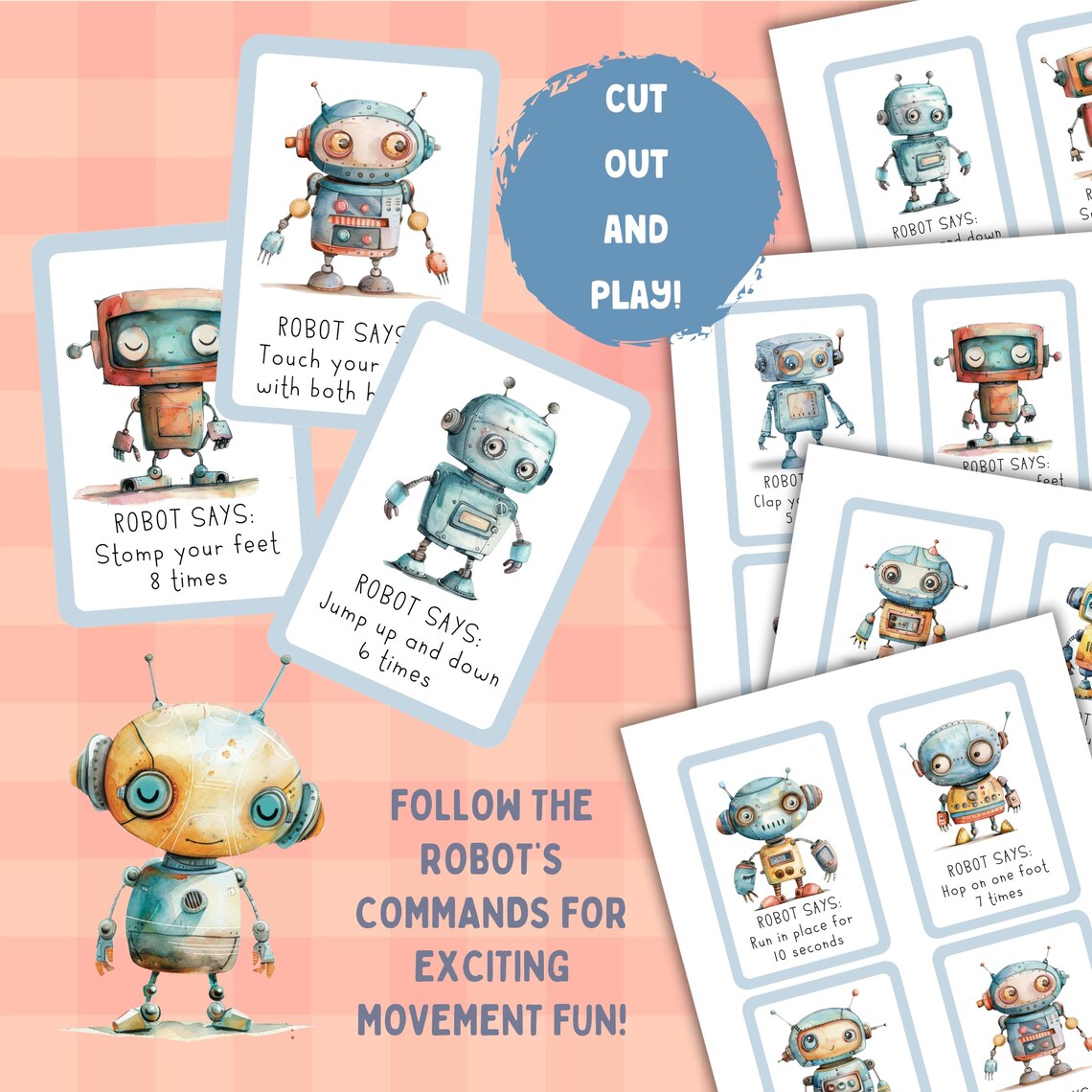 ROBOT SAYS Movement Cards Simon Says Kids Exercise Flashcards Fun ...