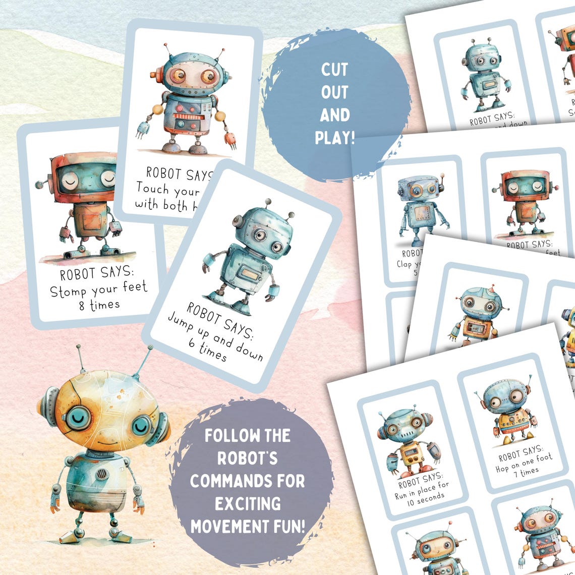 ROBOT SAYS Movement Cards, Simon Says Kids Exercises Flash Cards for ...