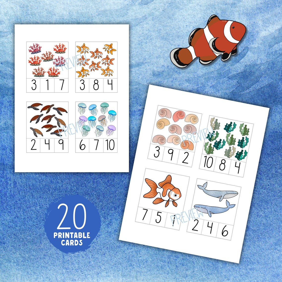 Sealife Count and Clip Cards 1-10: Montessori Math Activity (PDF) - Etsy