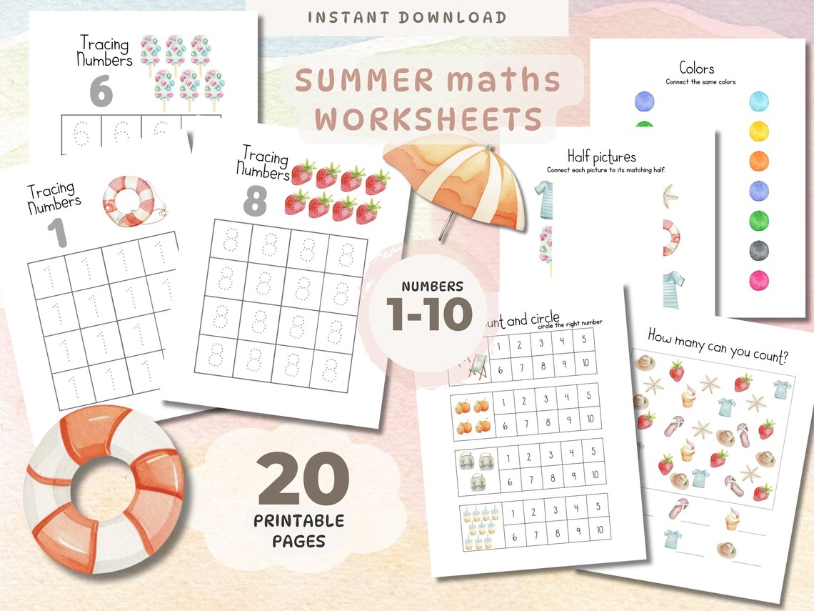 Summer Maths Worksheets: Numbers 1-10, Tracing & Counting (PDF) - Etsy