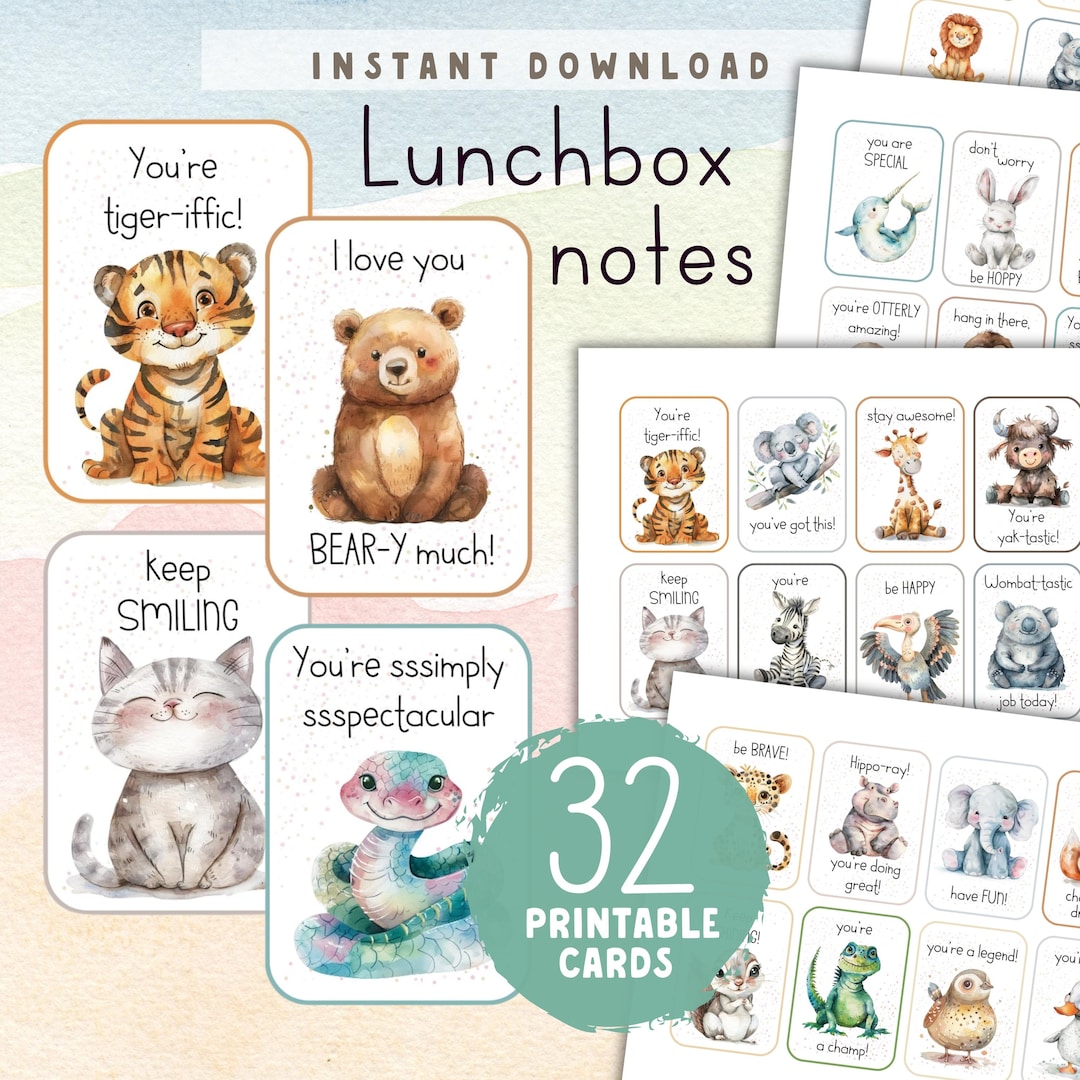 Animals Lunchbox Cards Cute Lunchtime Kids Love Notes Affirmation ...