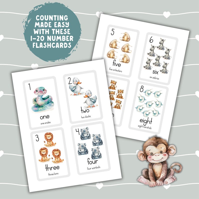 1-20 Animal Number Cards | Printable Counting Flashcards for Preschool ...