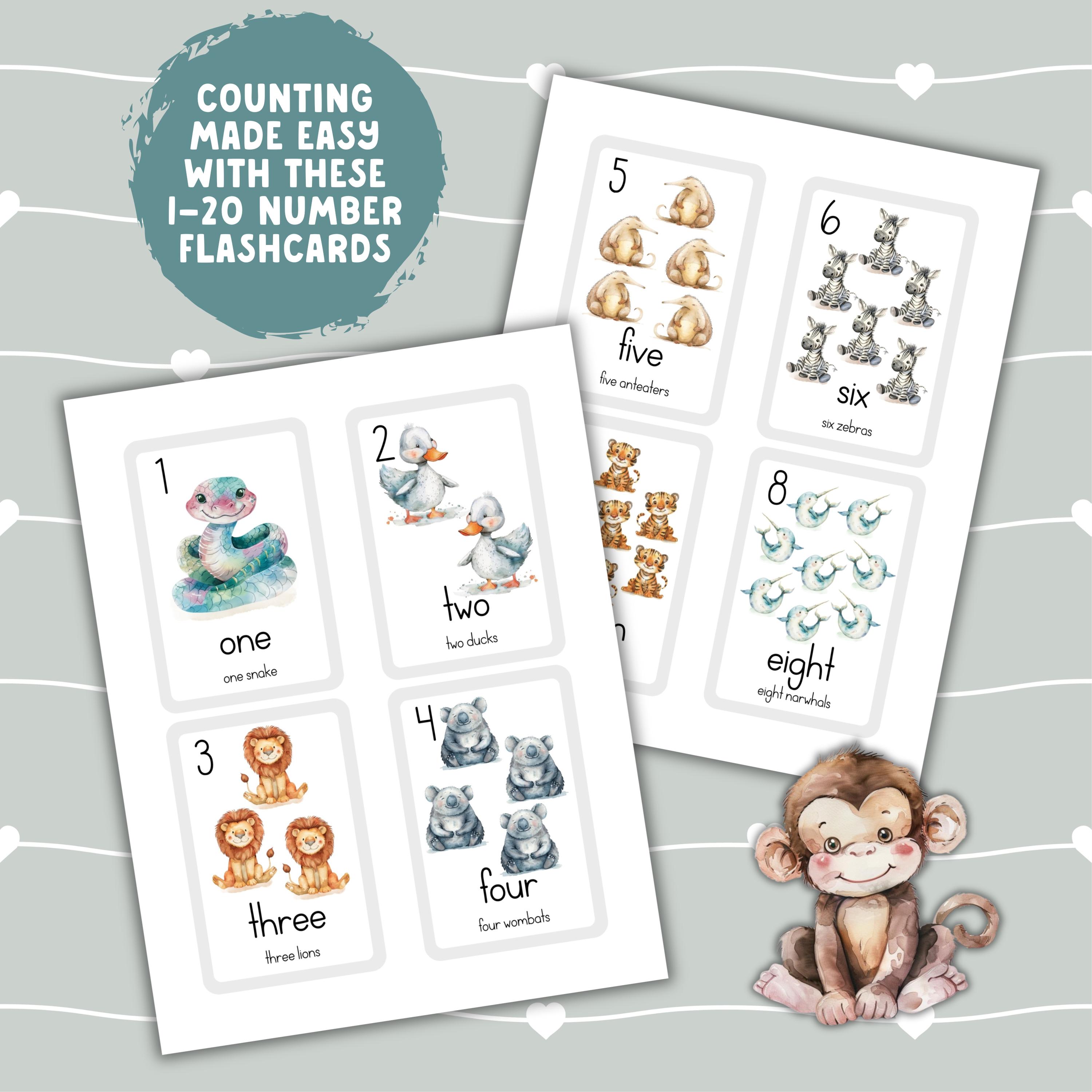 1-20 Animal Number Cards | Printable Counting Flashcards for Preschool ...