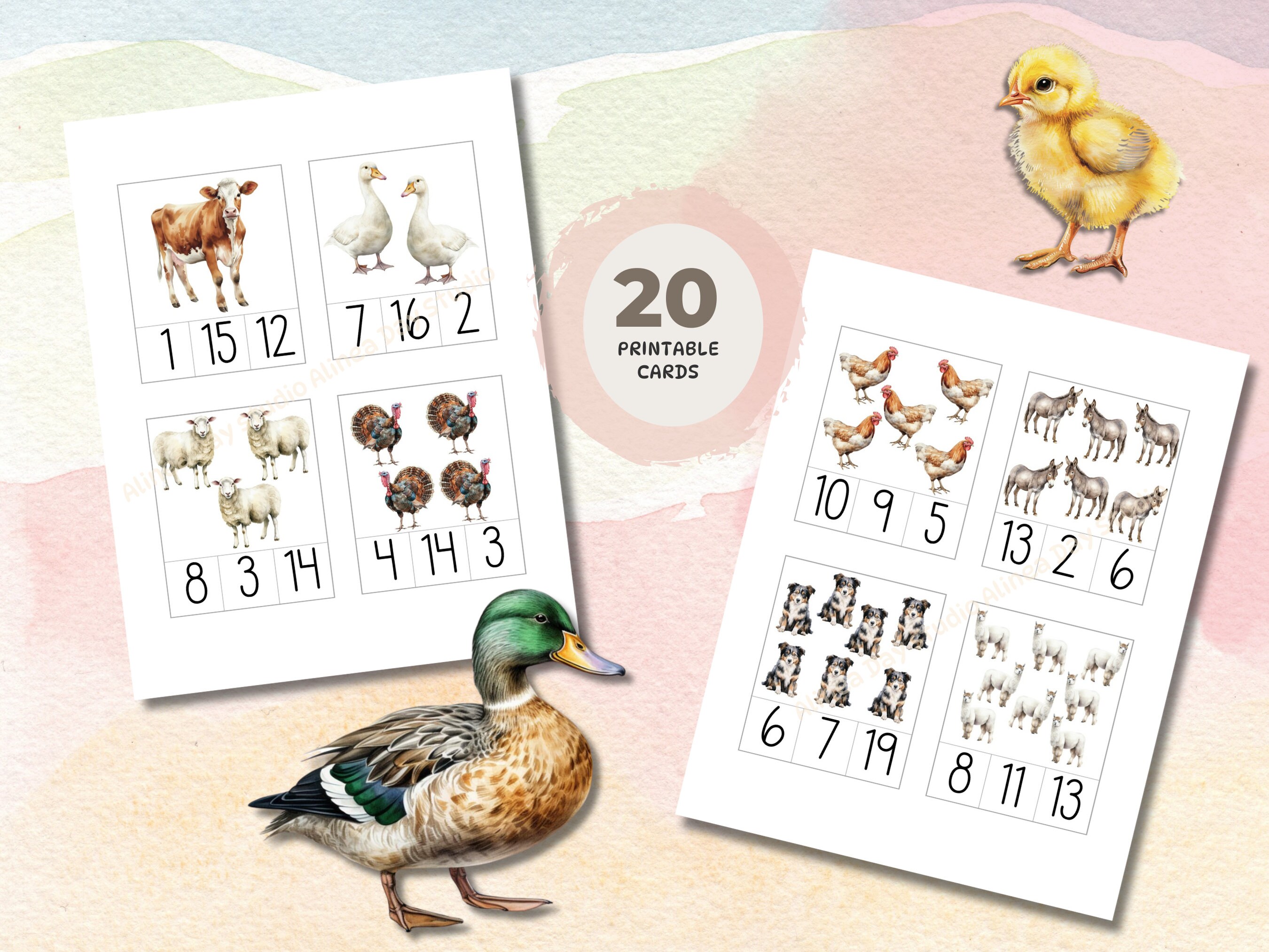Farm Animals Count and Clip Cards Number 1-20, Printable Activity ...