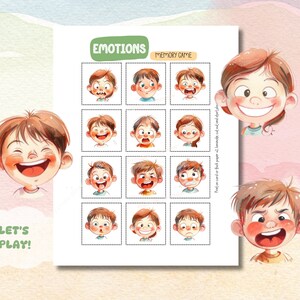 EMOTIONS Memory Game Printable, Social Emotional Learning, Play Therapy ...