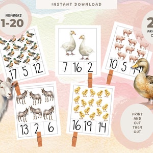 Farm Animals Count and Clip Cards Number 1-20, Printable Activity ...