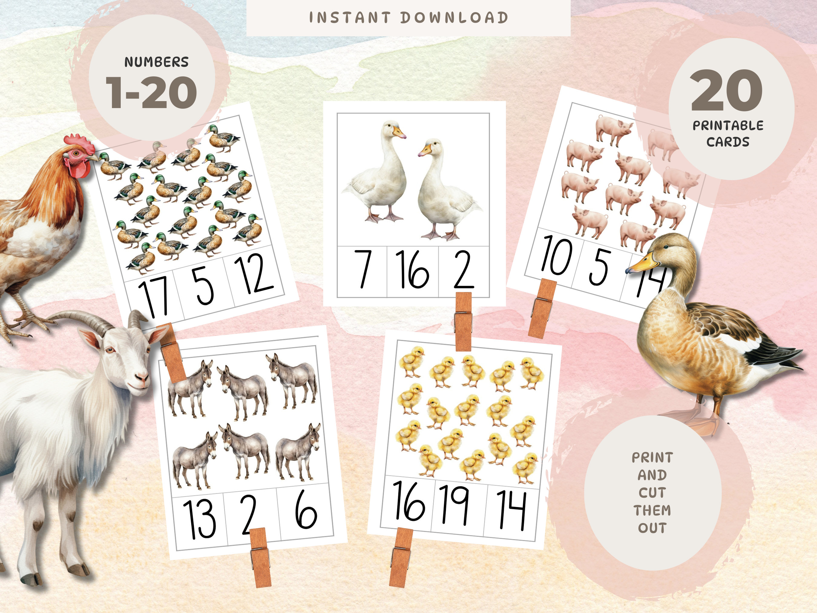 Farm Animals Count and Clip Cards Number 1-20, Printable Activity ...