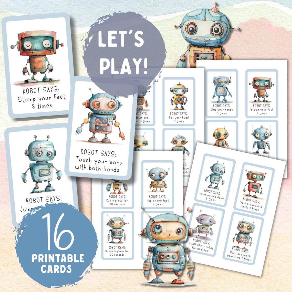 ROBOT SAYS Movement Cards, Simon Says Kids Exercises Flash Cards for ...