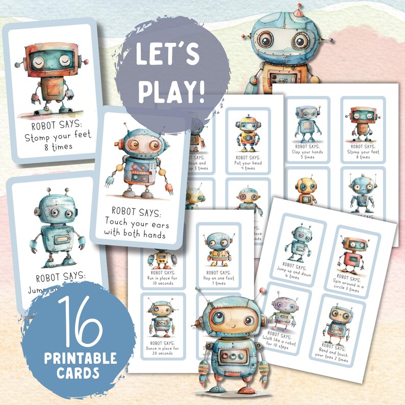 ROBOT SAYS Movement Cards, Simon Says Kids Exercises Flash Cards for ...
