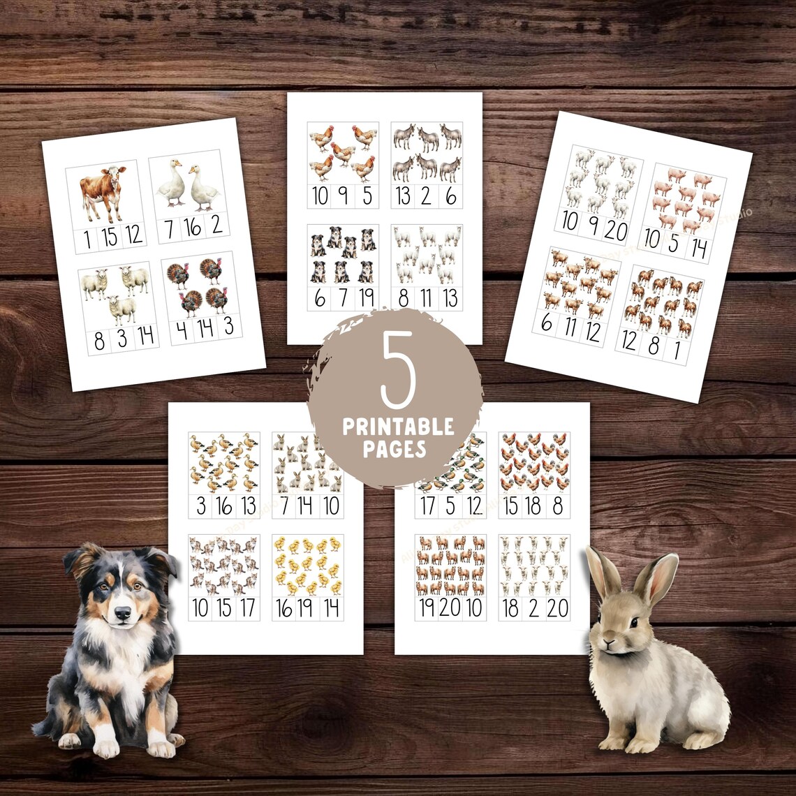 Farm Animals Count and Clip Cards Number 1-20, Printable Activity ...