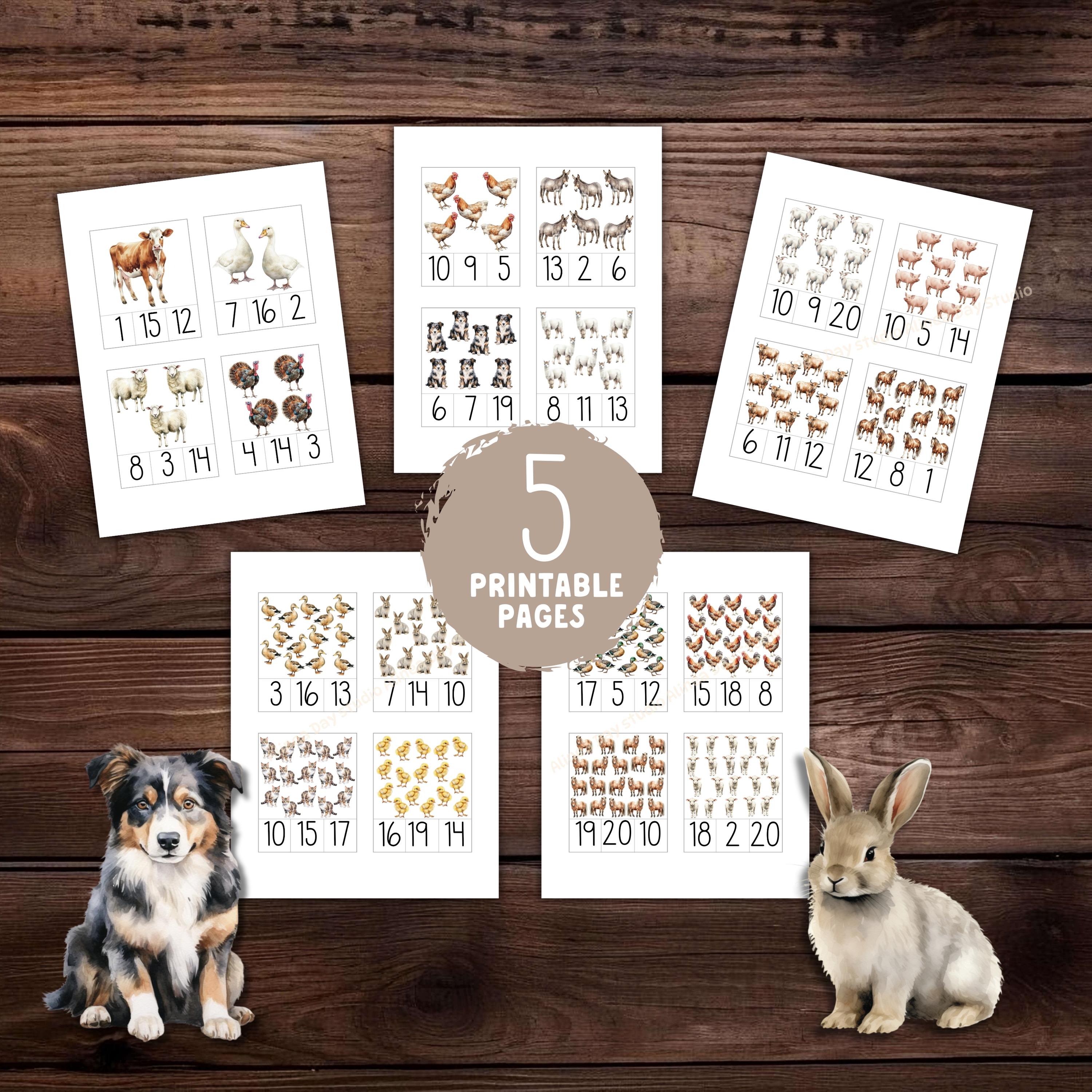 Farm Animals Count and Clip Cards Number 1-20, Printable Activity ...