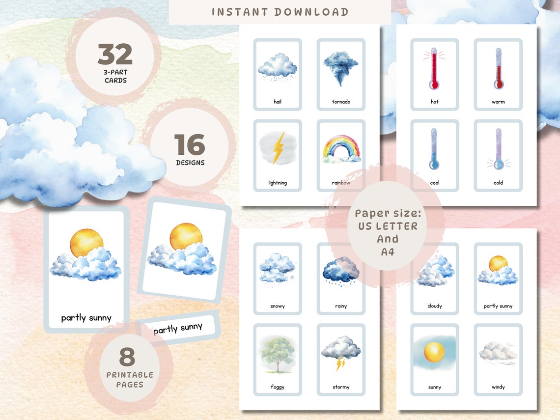 WEATHER 3-part Cards, Flash Cards, Calming Corner Activity, Montessori ...