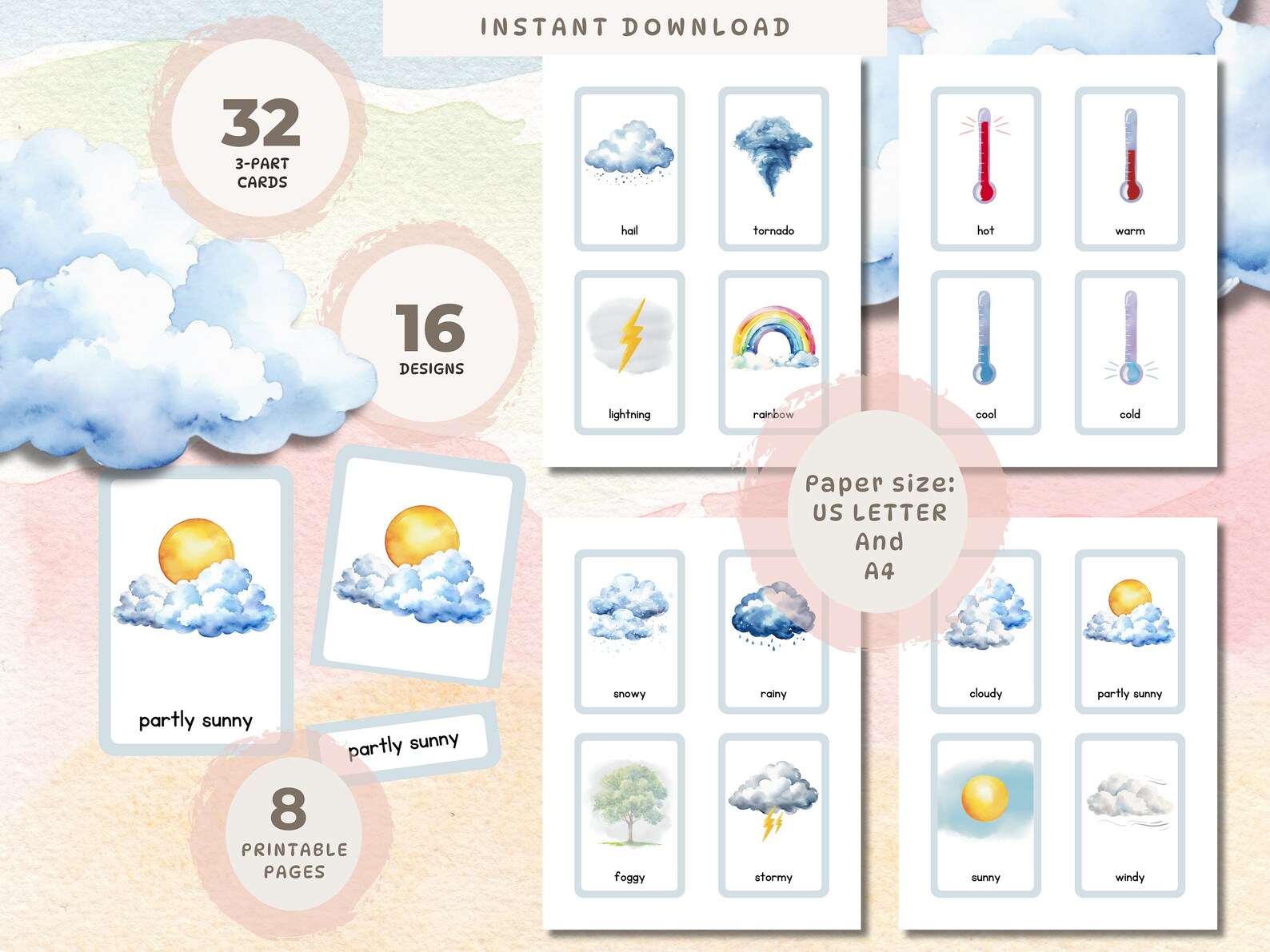 WEATHER 3-part Cards, Flash Cards, Calming Corner Activity, Montessori ...