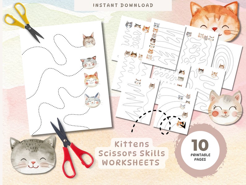KITTENS Cutting Practice, Scissors Skills, Toddler Worksheets ...