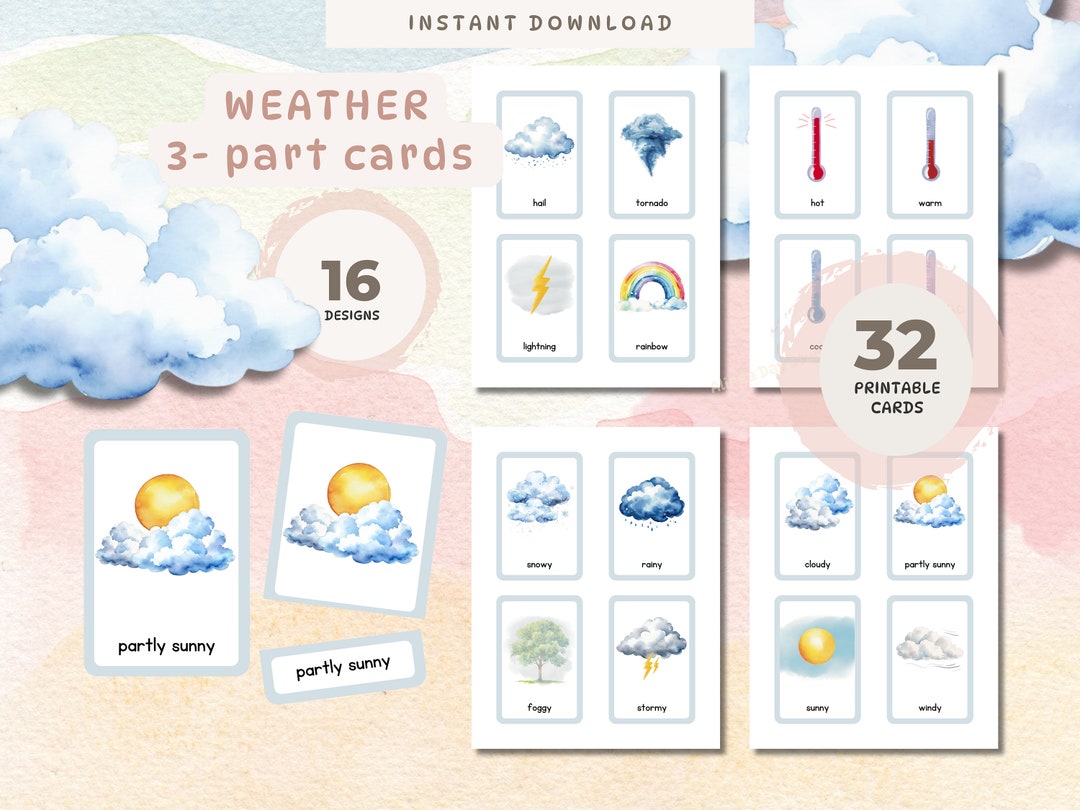 WEATHER 3-part Cards, Flash Cards, Calming Corner Activity, Montessori ...