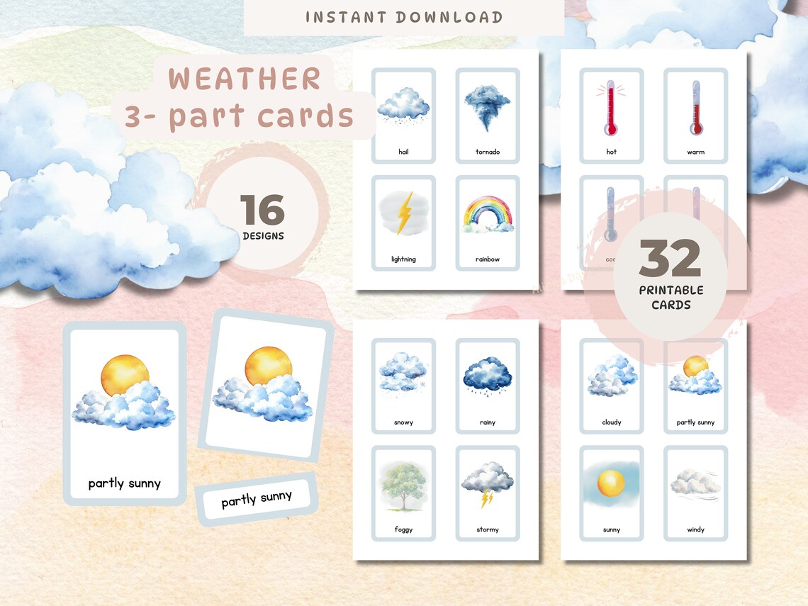 WEATHER 3-part Cards, Flash Cards, Calming Corner Activity, Montessori ...