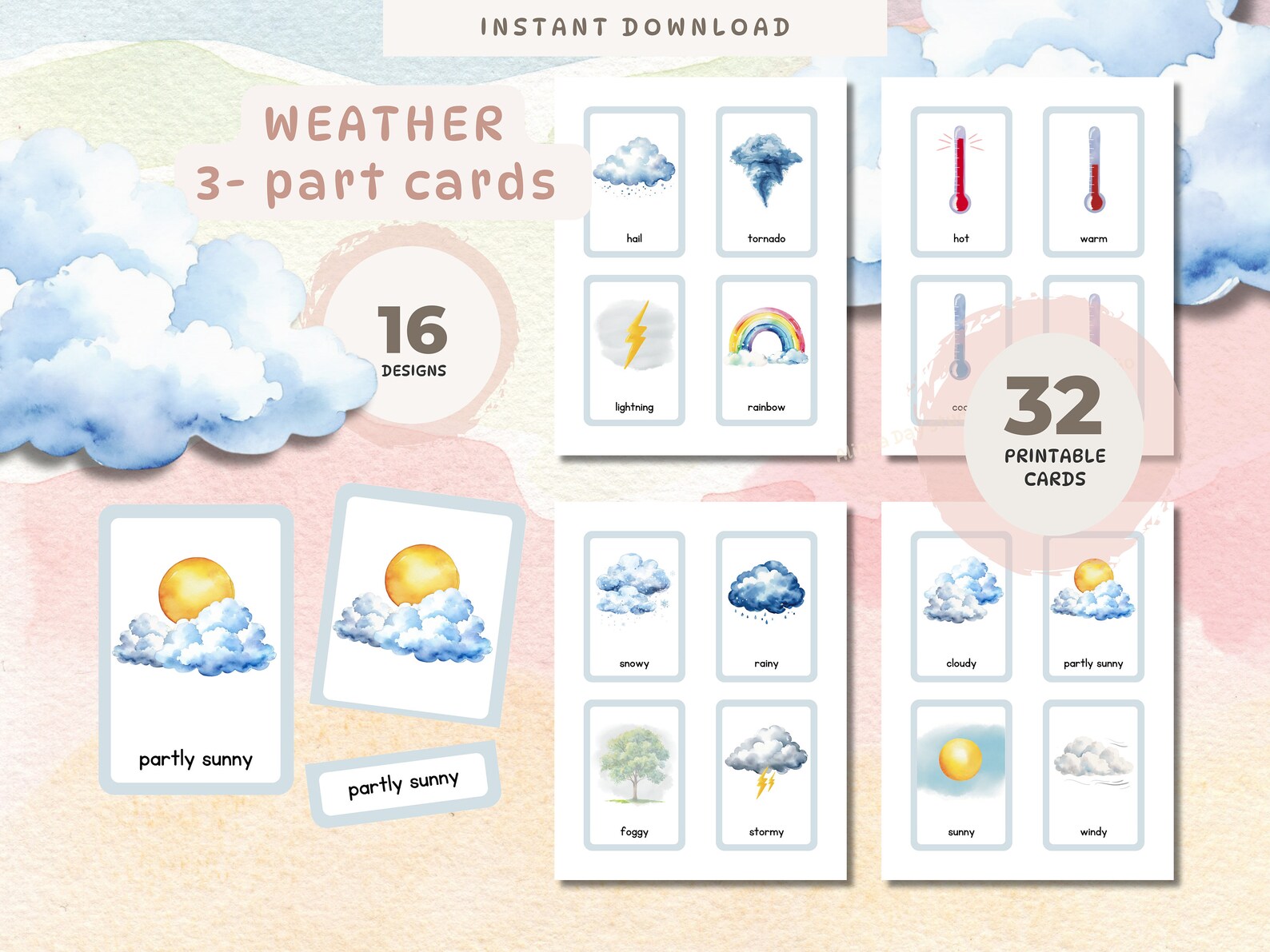 WEATHER 3-part Cards, Flash Cards, Calming Corner Activity, Montessori ...