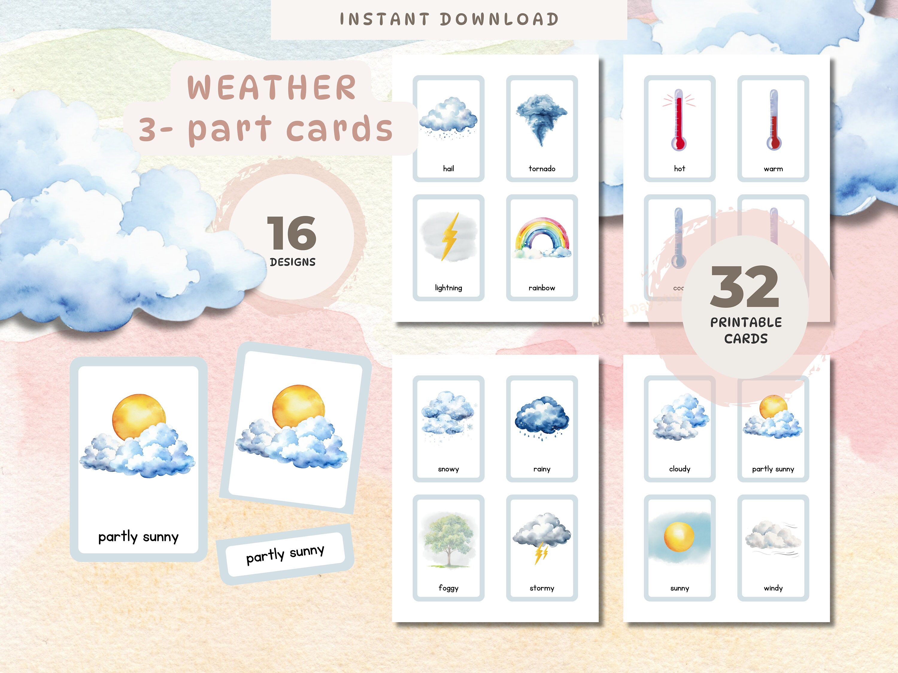 WEATHER 3-part Cards, Flash Cards, Calming Corner Activity, Montessori ...