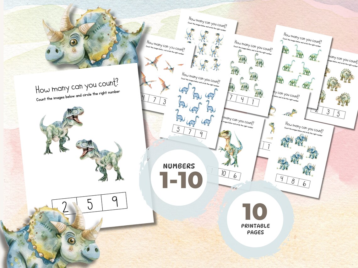 1-10 Dinosaurs Maths Worksheets, Early Counting Printables Numbers 1-10 ...