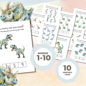 1-10 Dinosaurs Maths Worksheets, Early Counting Printables Numbers 1-10 ...
