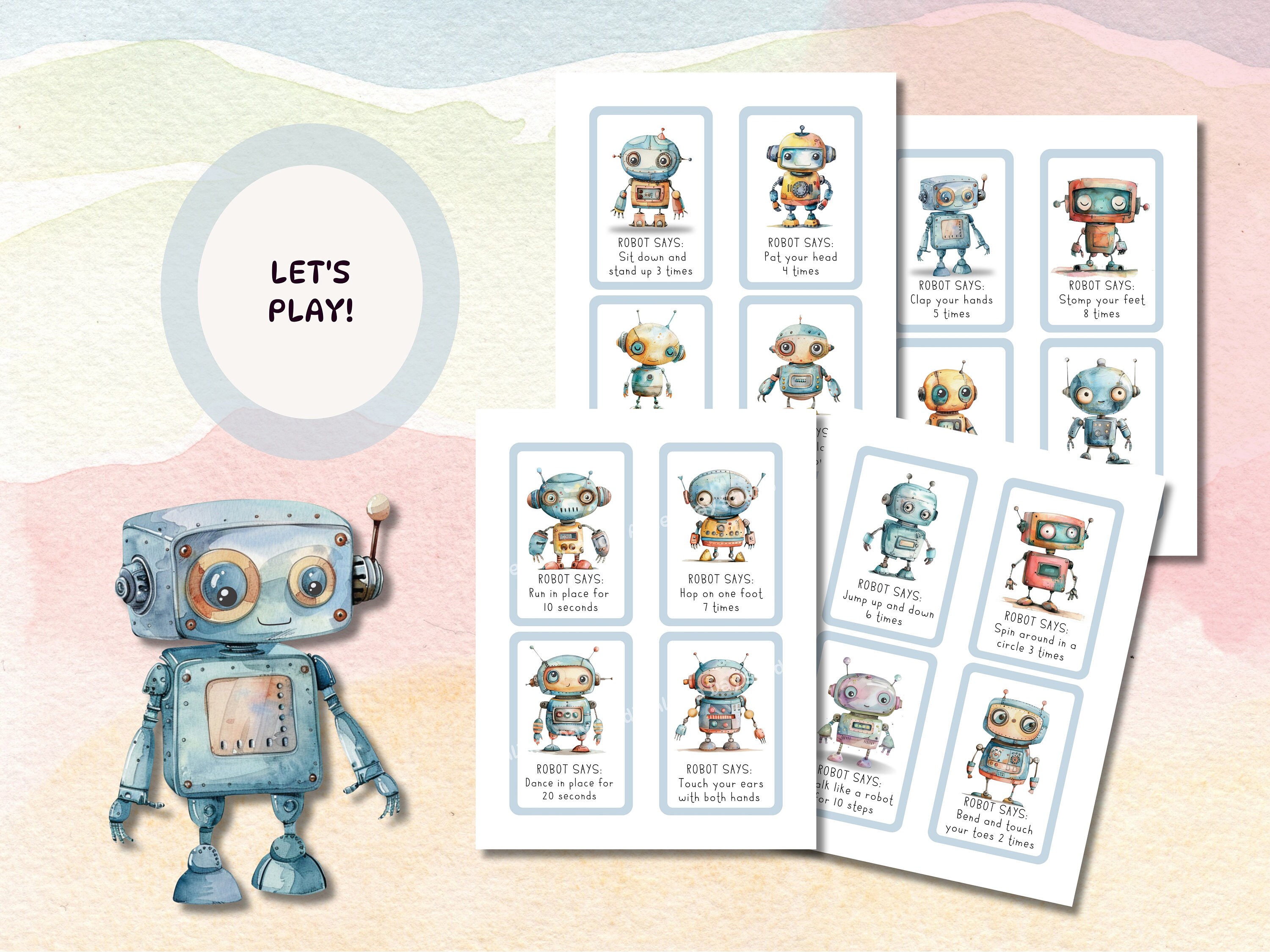 ROBOT SAYS Movement Cards, Simon Says Kids Exercises Flash Cards for ...