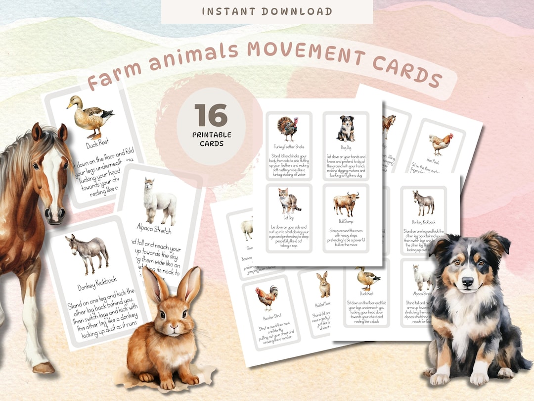 Farm Animal Movement Cards, Montessori PRINTABLE Cards Farm Unit, Farm ...
