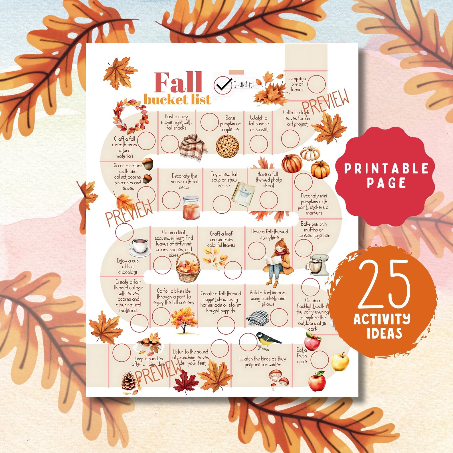 Fall Bucket List for Kids: Autumn Activity Checklist (PDF) - Etsy