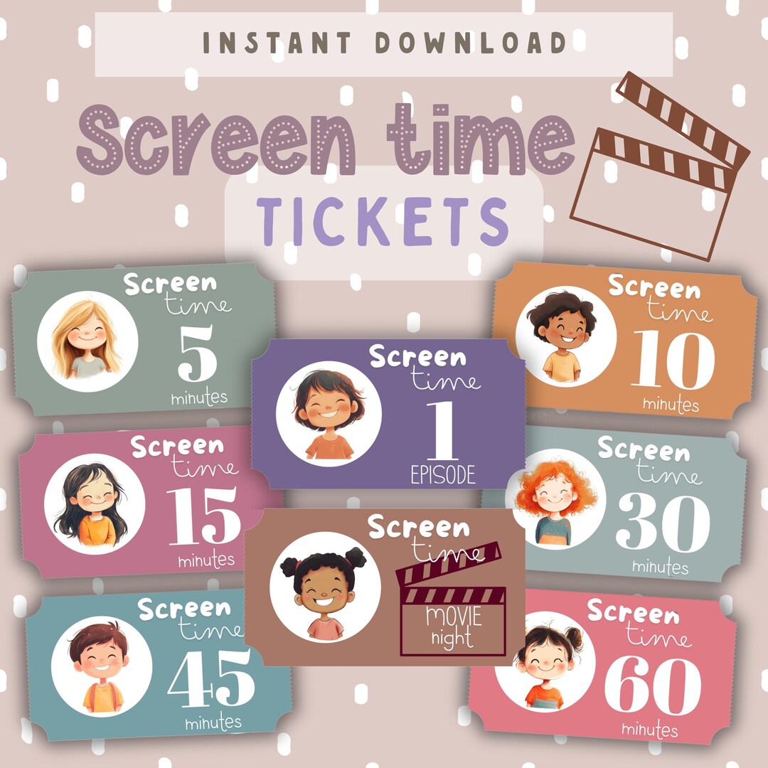 Screen Time Tickets Printable Reward Coupons Kids Screen Time Tokens ...