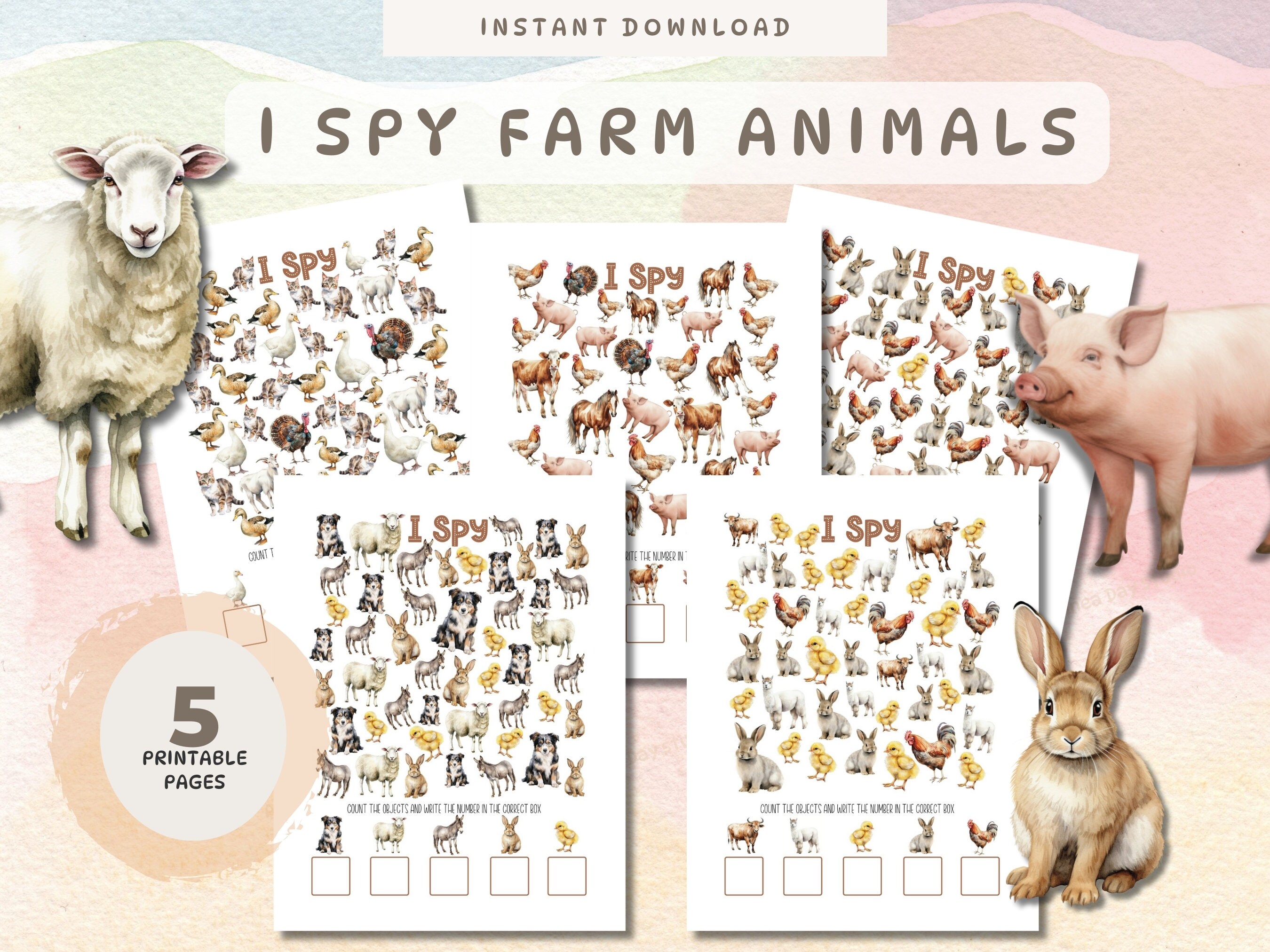 I Spy Farm Animal Look and Find Counting Game, Numbers 1-20, Printable ...