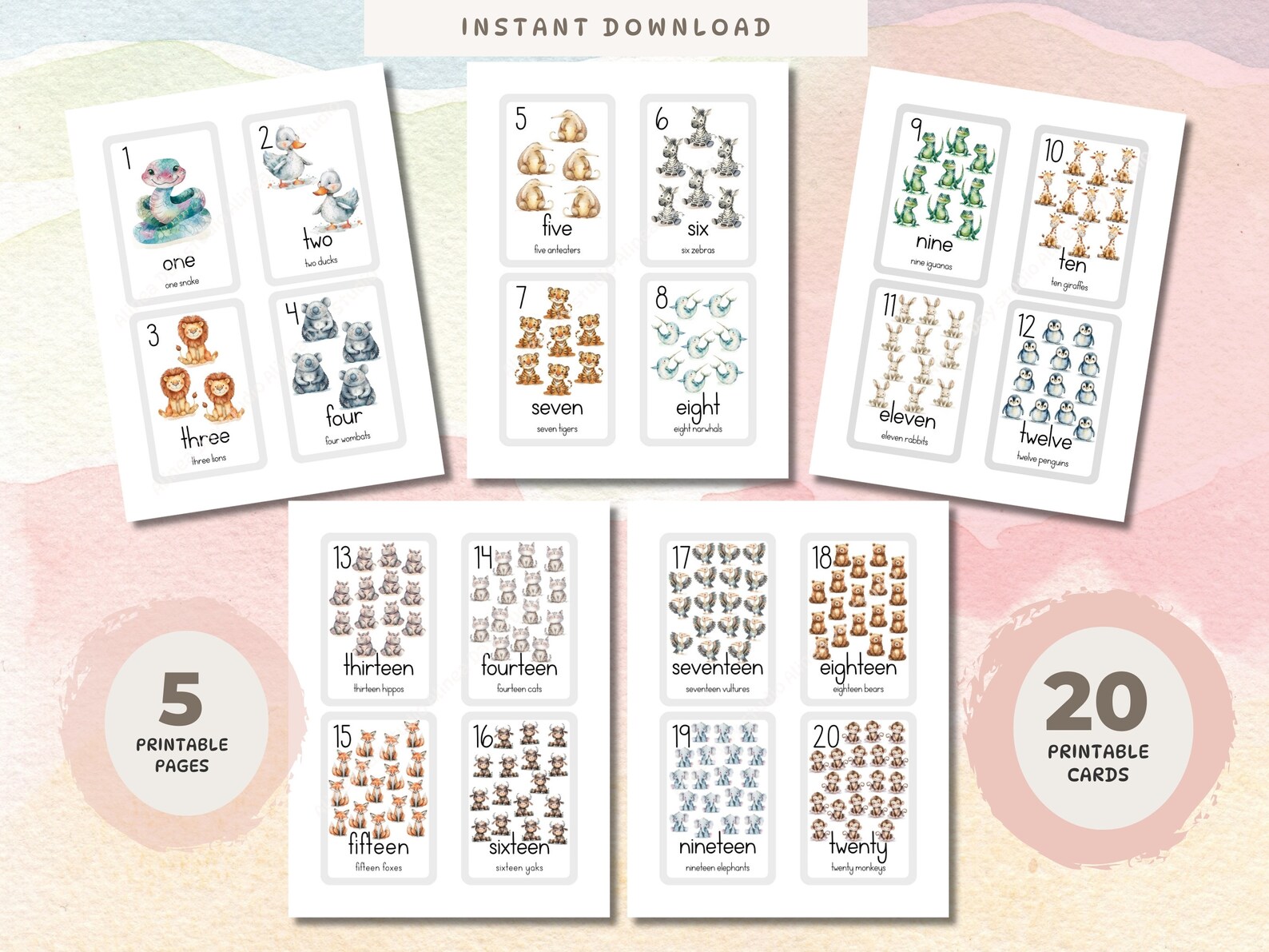 1-20 Animals Number Cards, Printable Activity Number Cards 1-20, Early ...